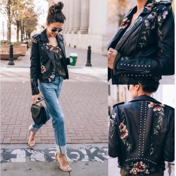 Blank NYC | Jackets & Coats | Blanknyc Embroidered Faux Leather Jacket Worn Twice | Poshmark